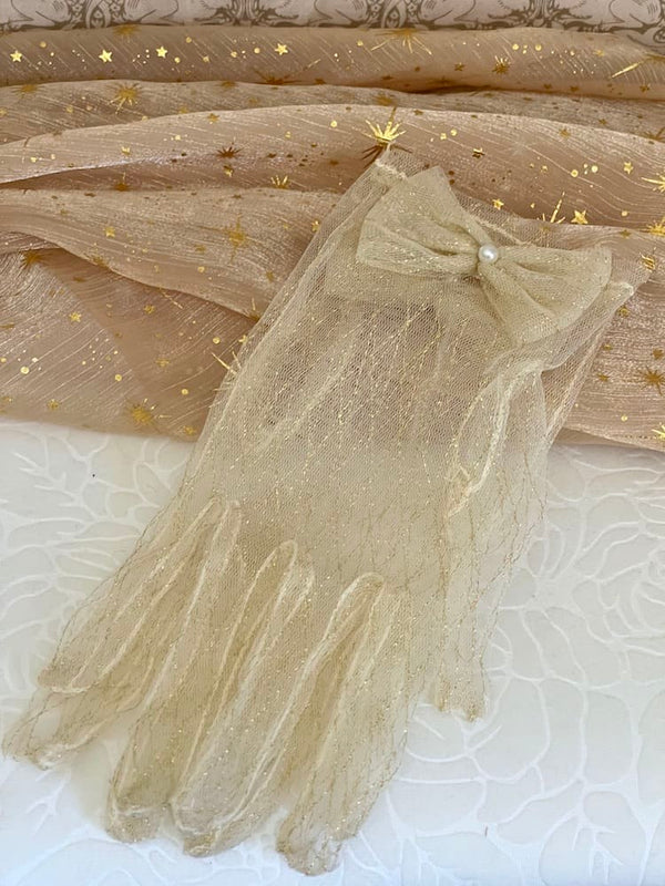 Historically Inspired Sheer Lace Gloves with Bow Detail in Champagne G ...