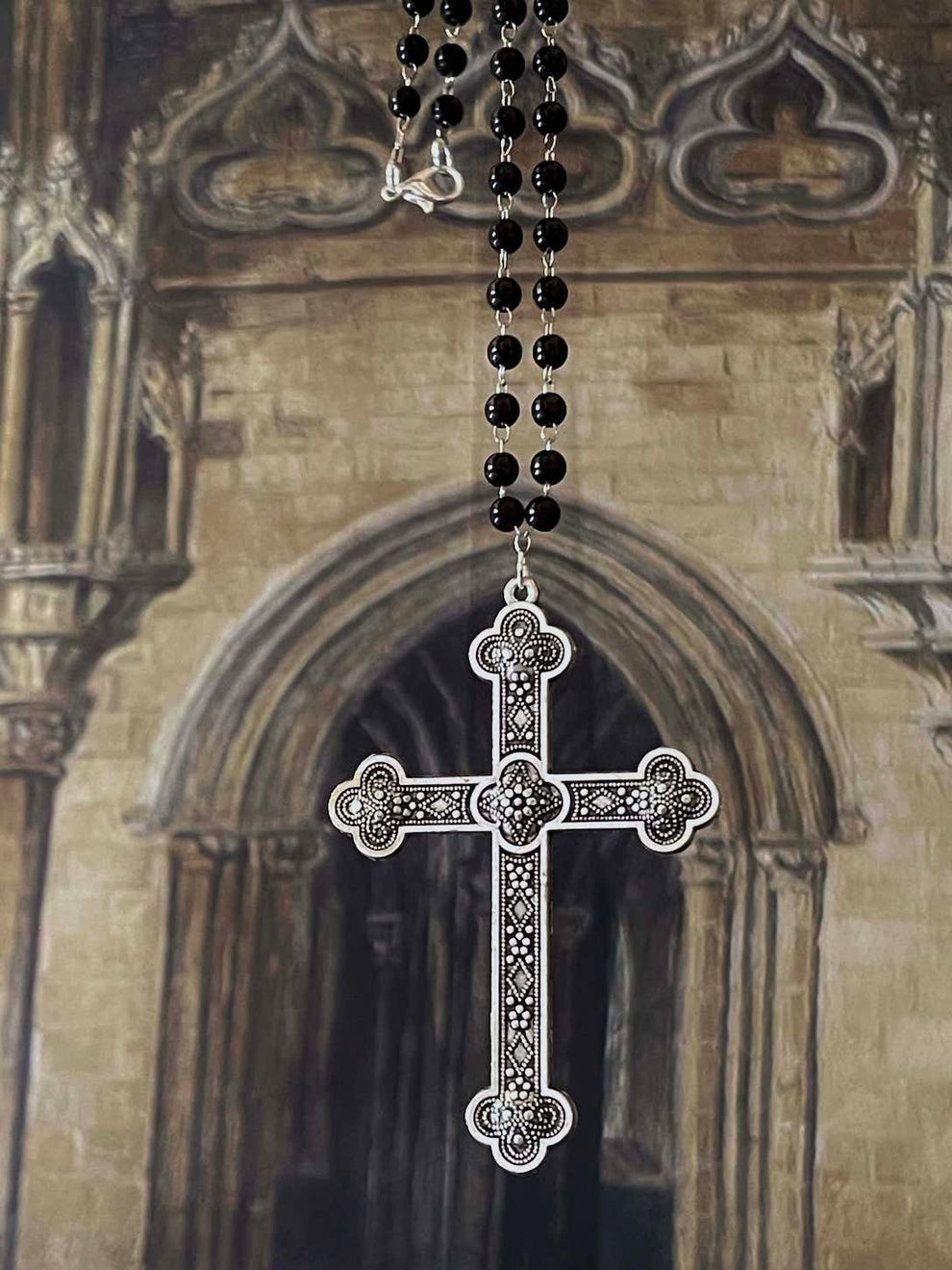 Medieval Gothic Metal Cross Beaded Necklace in Black and Silver – Yore ...