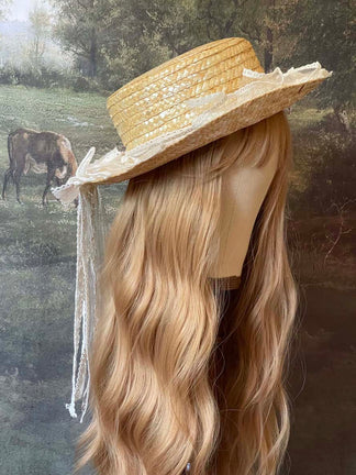 Victorian & Edwardian Straw Boater Hat with Floral Crochet Lace Detail ...